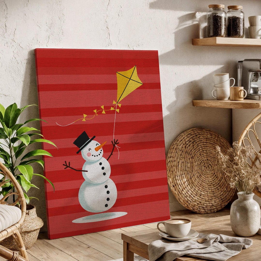 Snowman Flying Kite Christmas Canvas, Whimsical Winter Wall Art, Cute ...