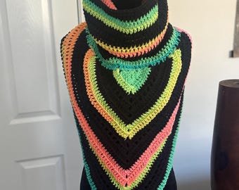 Crochet Hooded Scarf, Black and Neon Rainbow Wild Oleander Shawl Snood ...