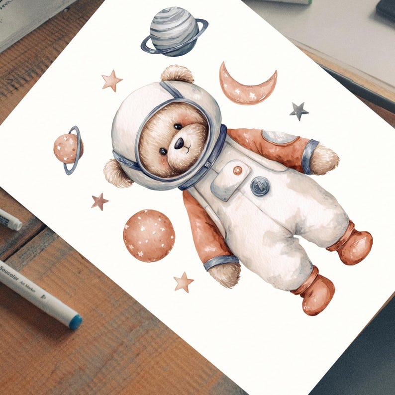 Nursery Wall Art Set, Teddy Bear Astronaut, Watercolor Quote Print ...