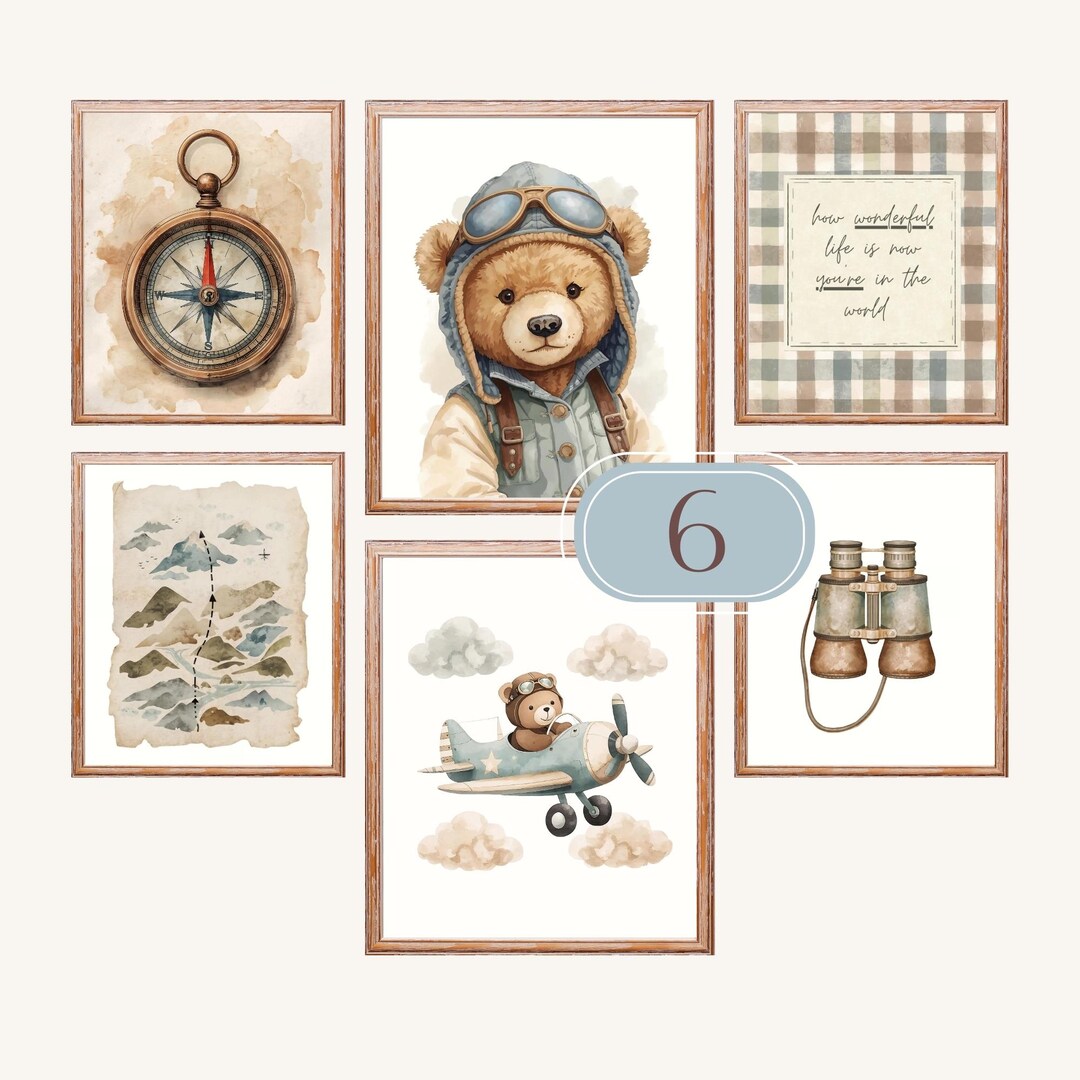 Aviator Teddy Bear Nursery Wall Art SET of 6, Neutral Vintage Explorer ...
