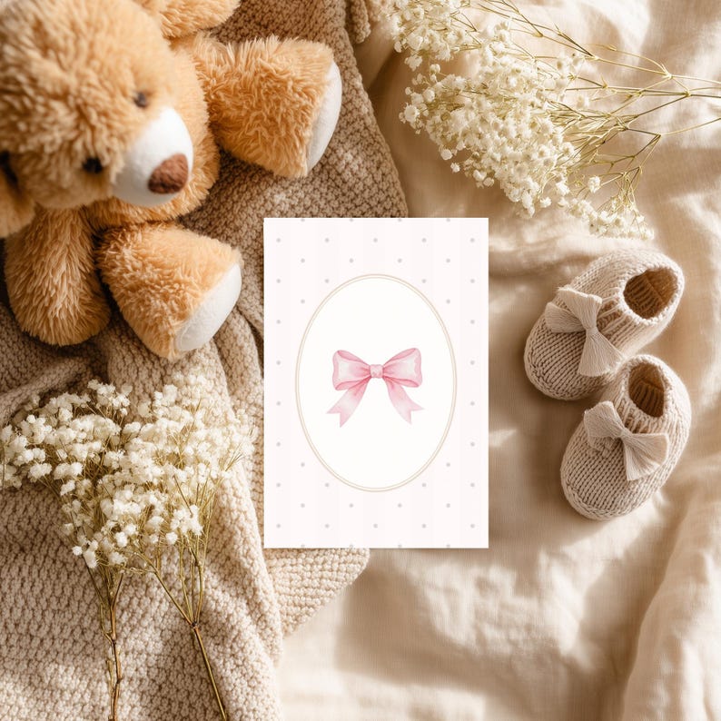 Pink Bow Nursery Wall Art Printable, Watercolor Bow Baby Girl Room ...