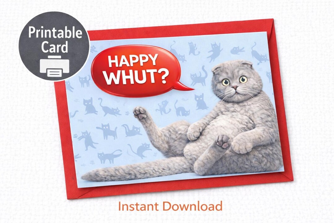 Happy Whut? Confused Cat Printable Greeting Card – Funny Cat Card for ...