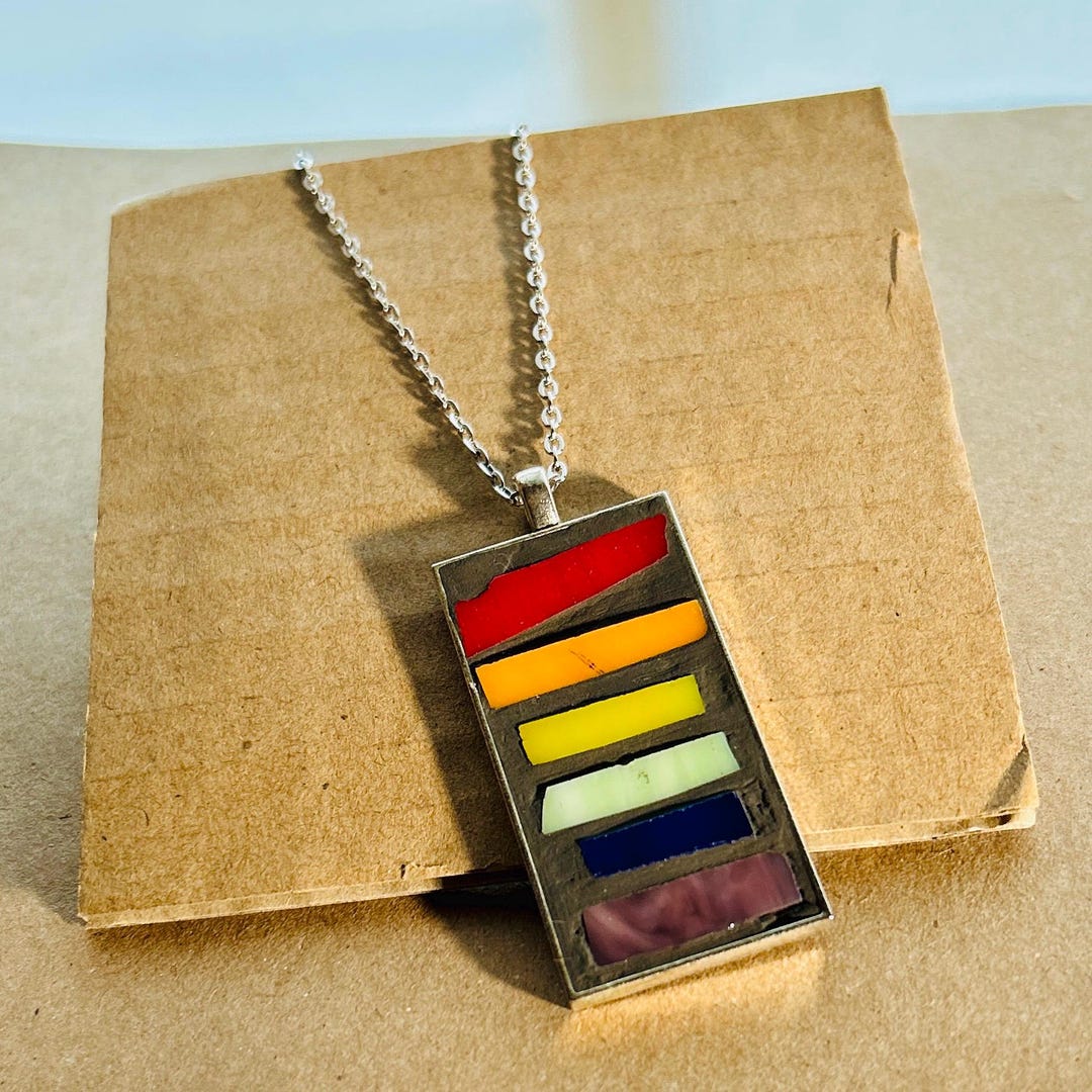 Pride Flag Rectangle Necklace, 6 Stripe Flag, Rainbow Colors, Stained ...