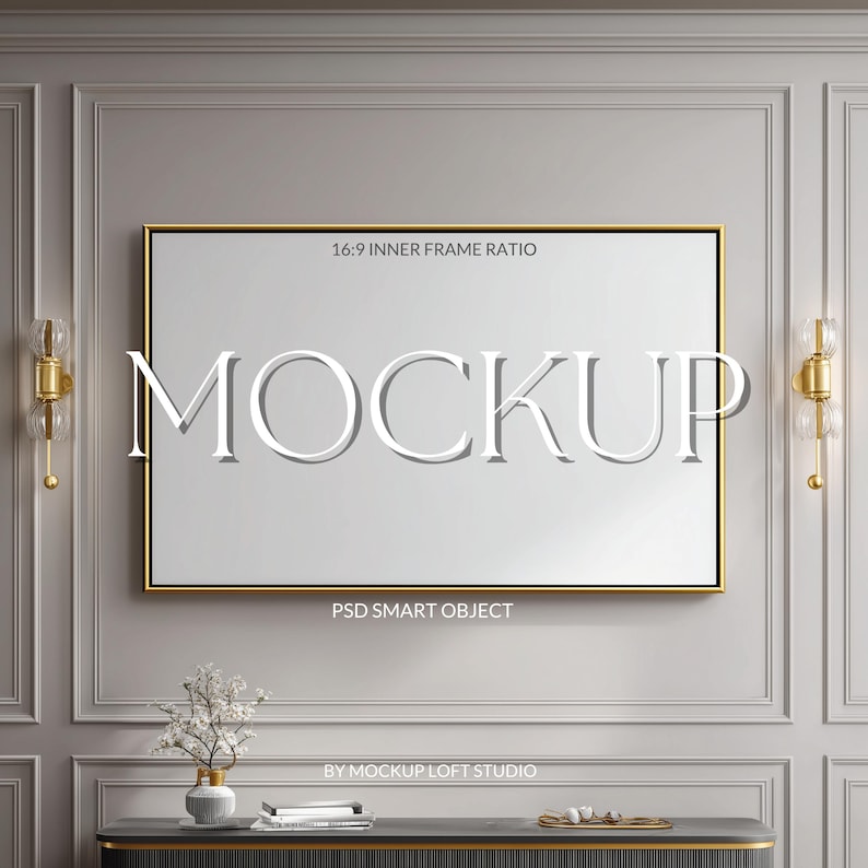 Luxury Gold Frame TV Mockup | Elegant Living Room TV Art Display ...