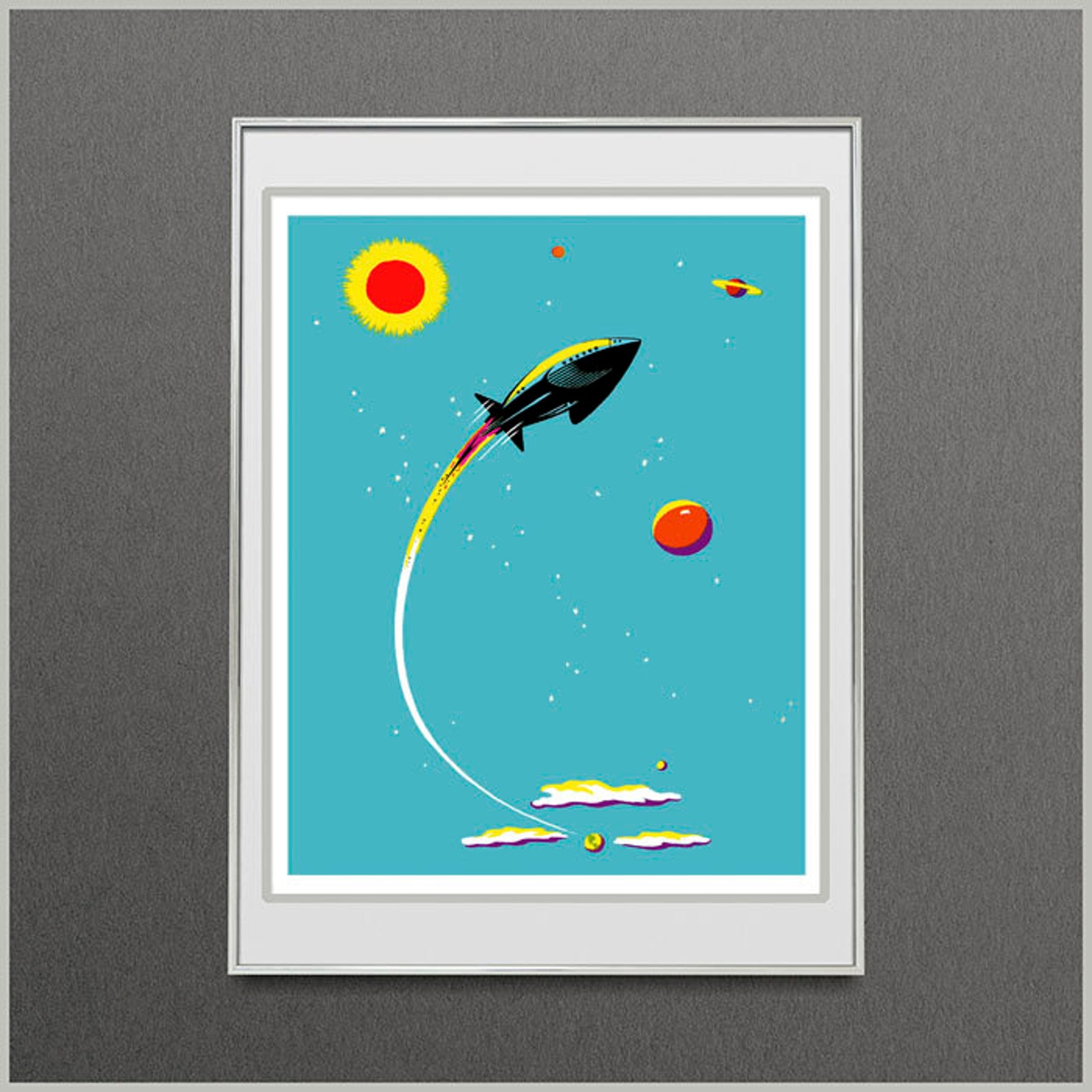 Rocket Ship in Outer Space Kids Art Print of Sun Stars and Planets ...