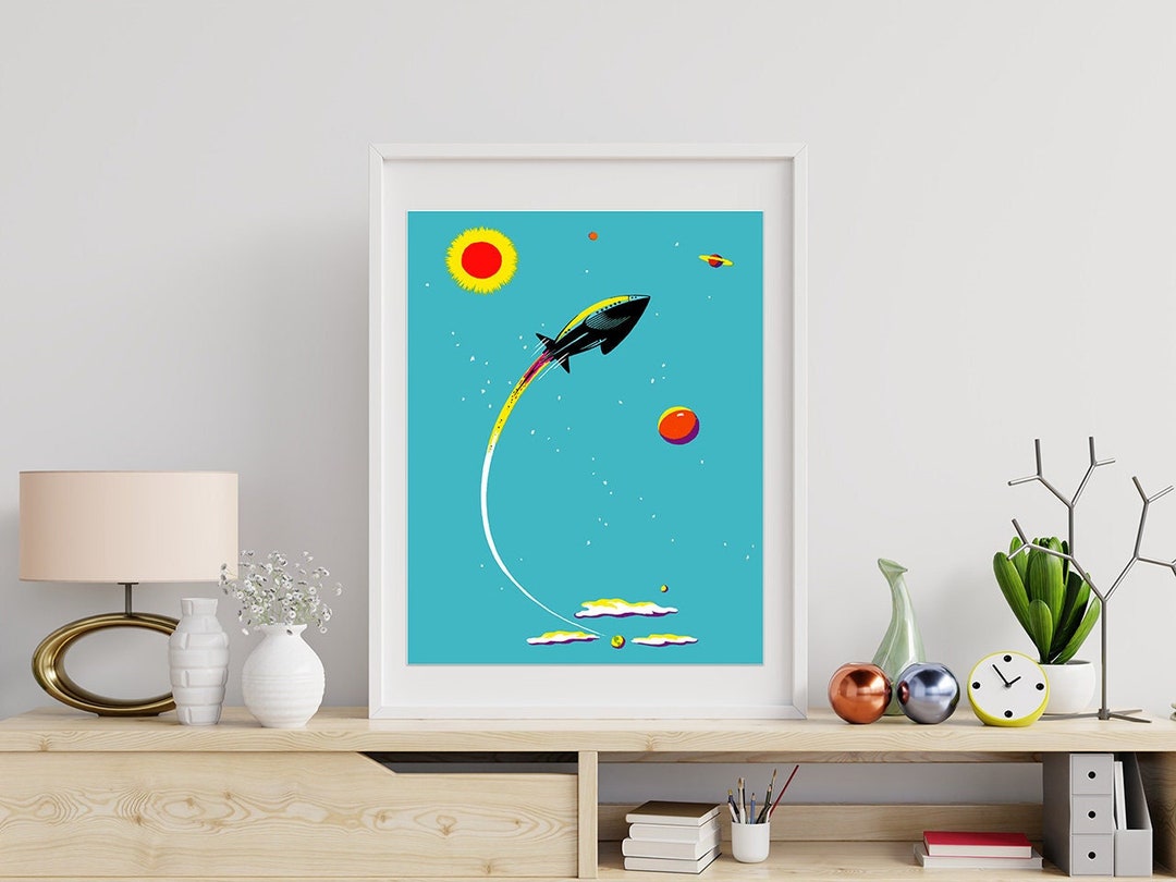Rocket Ship in Outer Space Kids Art Print of Sun Stars and Planets ...