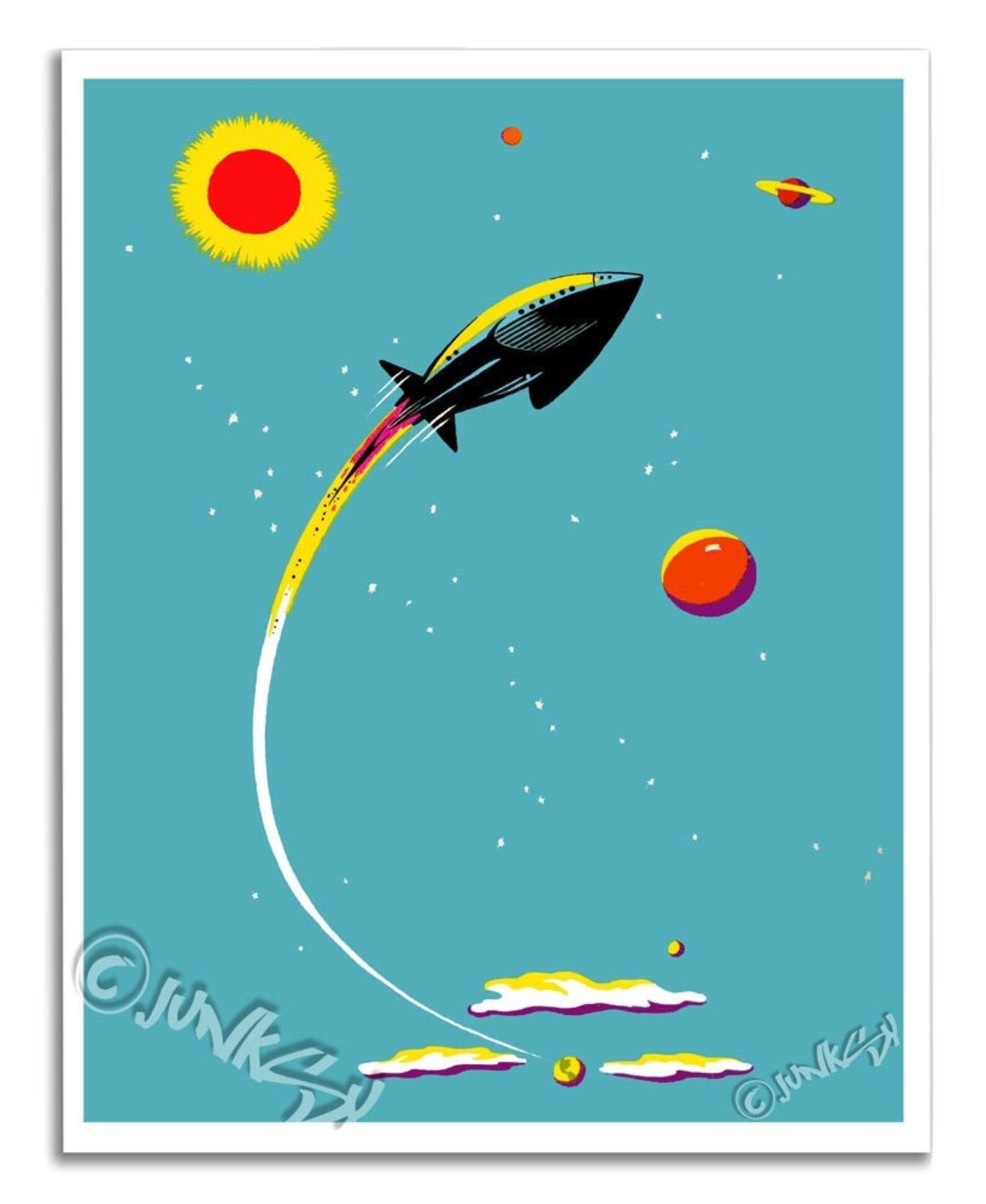 Rocket Ship in Outer Space Kids Art Print of Sun Stars and Planets ...