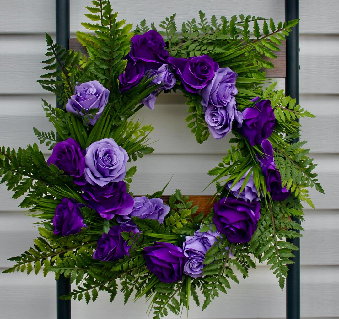Purple Rose Wreath, Lavender Blooms, Greenery, Farmhouse Door Decor (18 ...