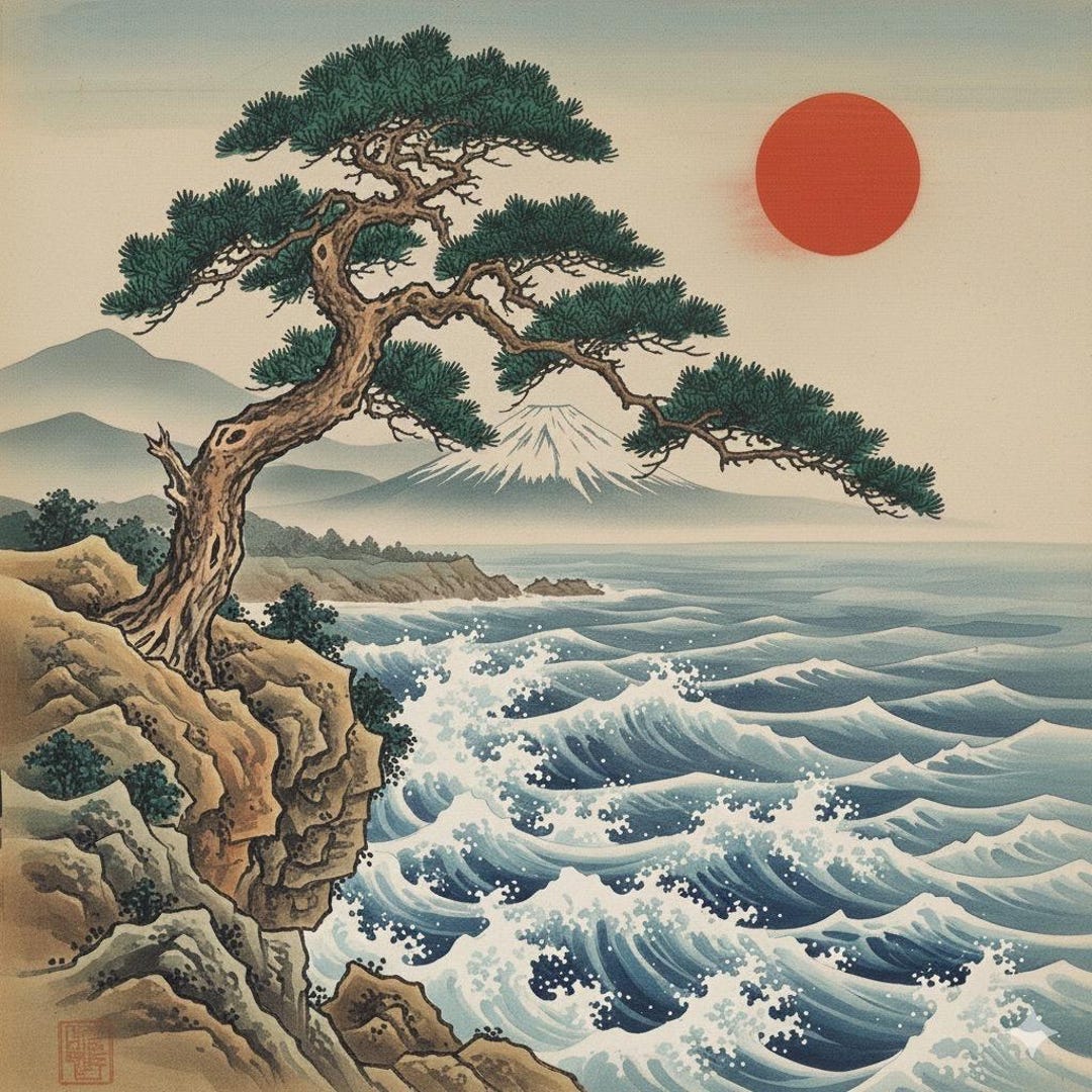 Japanese Ukiyo-e Ocean Landscape Puzzle – Pine Tree Cliff & Rising Sun ...