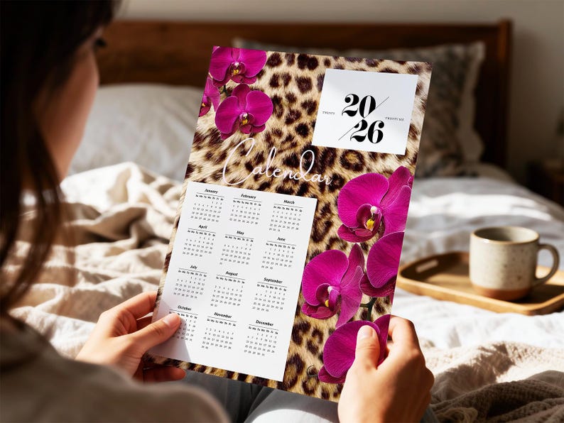 2026 Calendar Printable, Leopard Orchid Calendar, Wild Glam Wall Art ...