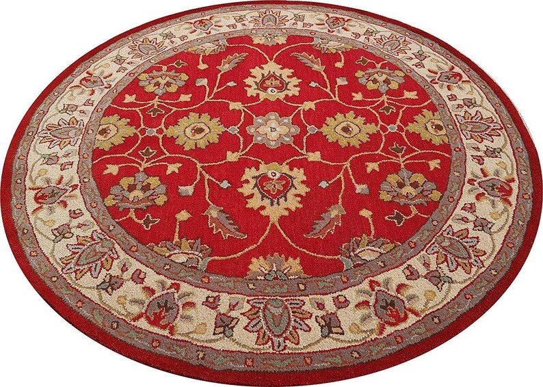 Hand Tufted Wool Round Rug | Red Floral Medallion, Bohemian Style - Etsy
