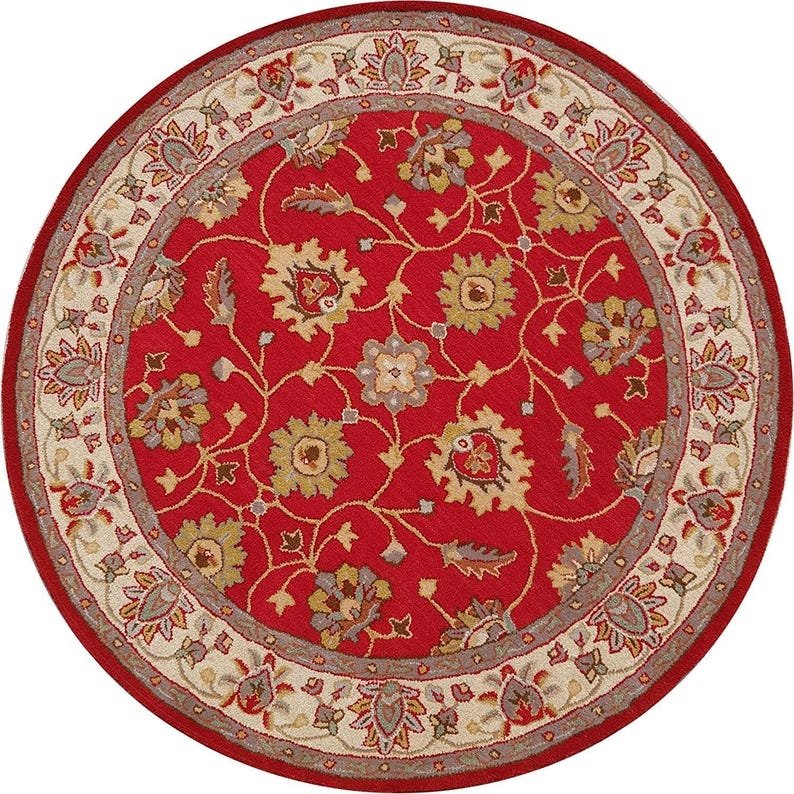 Hand-tufted Wool Round Rug | Rich Red Floral Medallion, 6' Round - Etsy