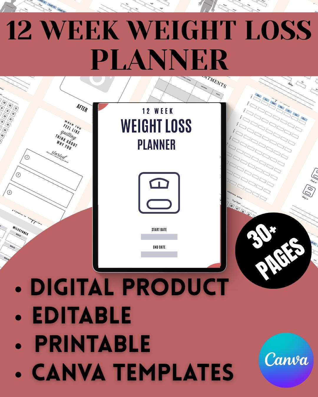 12 Week Weight Loss Planner – Digital PDF – Fitness & Diet Tracker ...