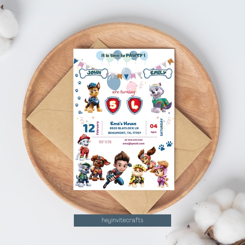 Paw Patrol Birthday Invitation | Chase & Everest, Joint Party (canva ...