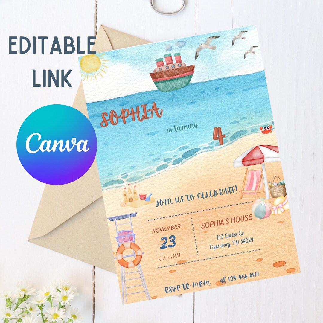 Beach Theme Birthday Invitation | Digital Ocean Party Invite - Etsy
