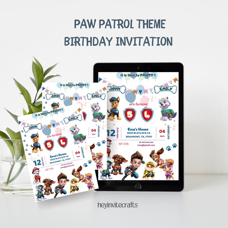 Paw Patrol Birthday Invitation | Chase & Everest, Joint Party (canva ...