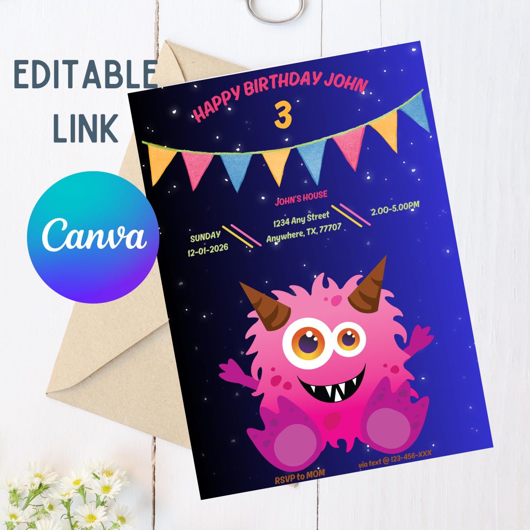 Monster Theme Birthday Invite | Cute Monster Canva | Editable Digital ...