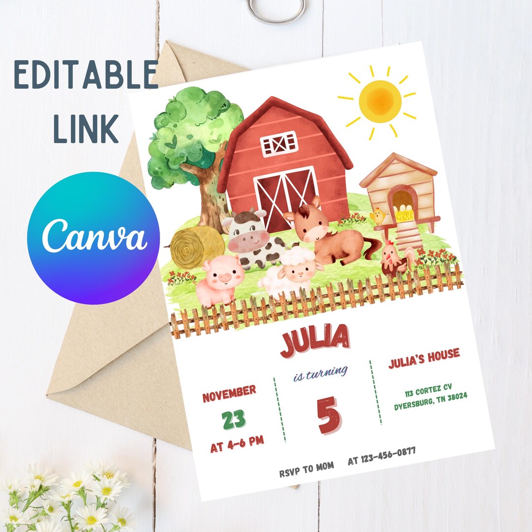 Farm Birthday Invitation | Pastel Barnyard Animals (canva Template) - Etsy
