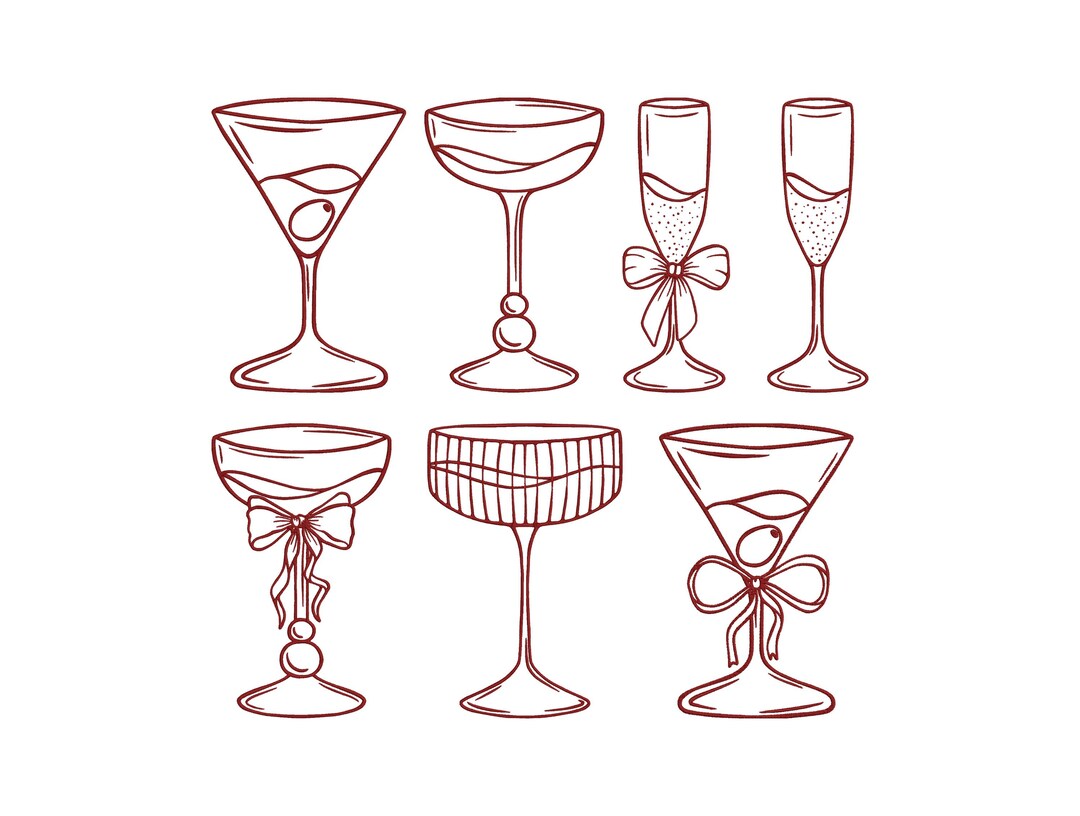 Cocktail Glasses Line Art Embroidery Design, Festive Holiday Drinks ...