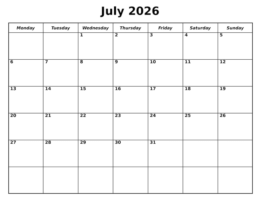 July 2026 Calendar Printable, Editable Monthly Planner, Sunday/monday ...