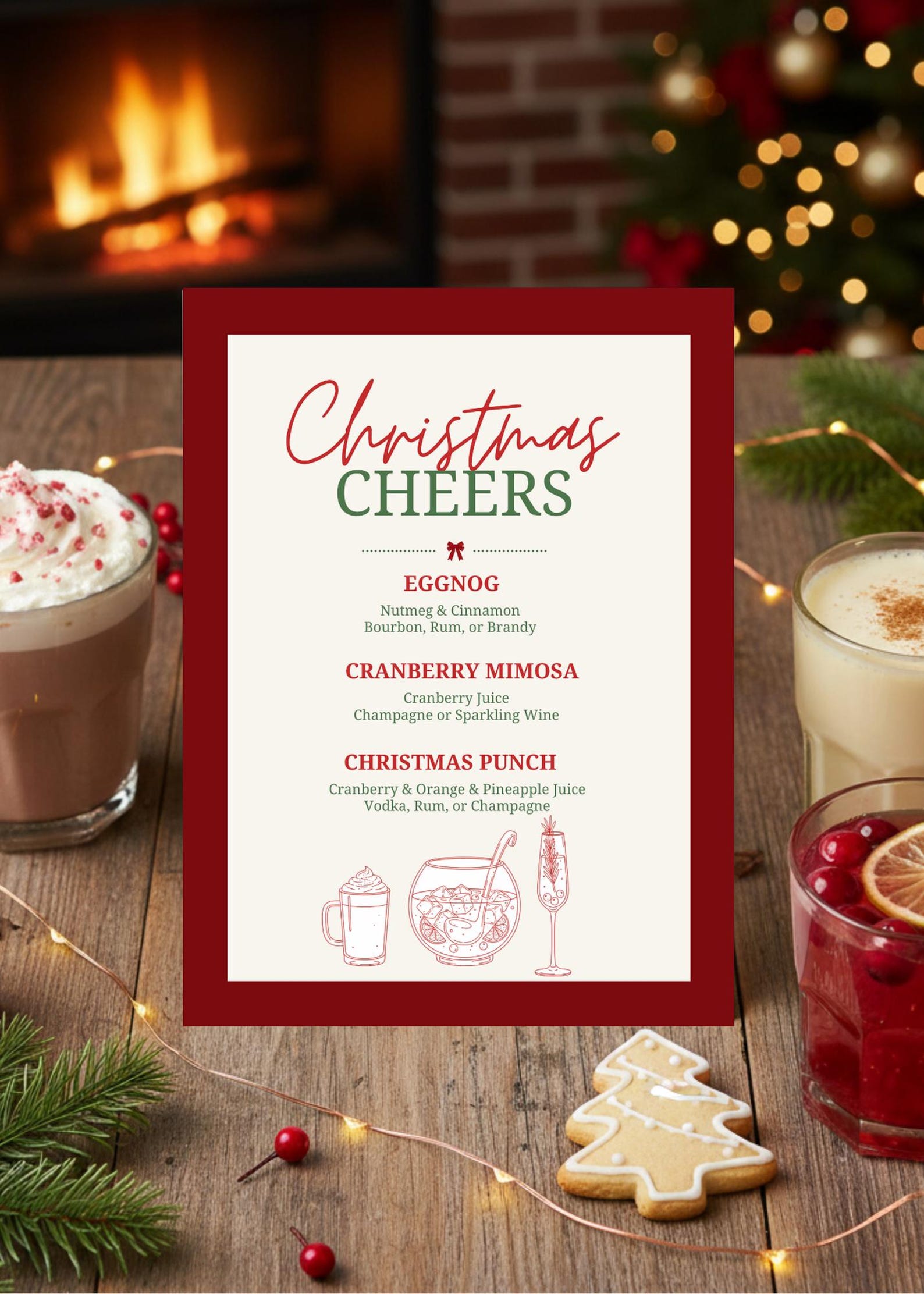 Editable Christmas Cocktail Menu Template, Festive Holiday Bar Sign ...