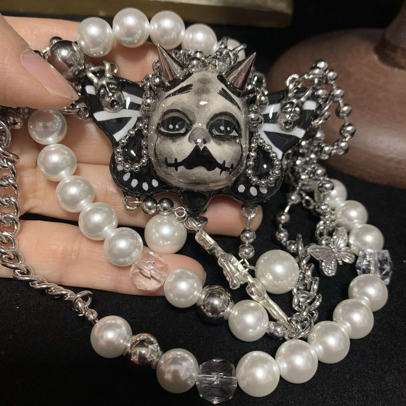Handmade Spooky Gothic Necklace, Alternative Skeleton Charm Faux Pearl ...