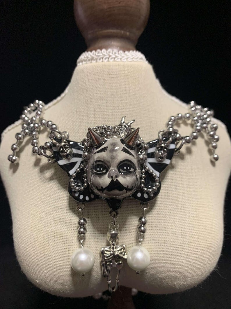 Handmade Spooky Gothic Necklace, Alternative Skeleton Charm Faux Pearl ...