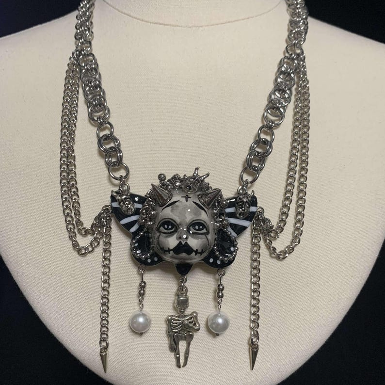 Handmade Spooky Gothic Necklace, Alternative Skeleton Charm Faux Pearl ...