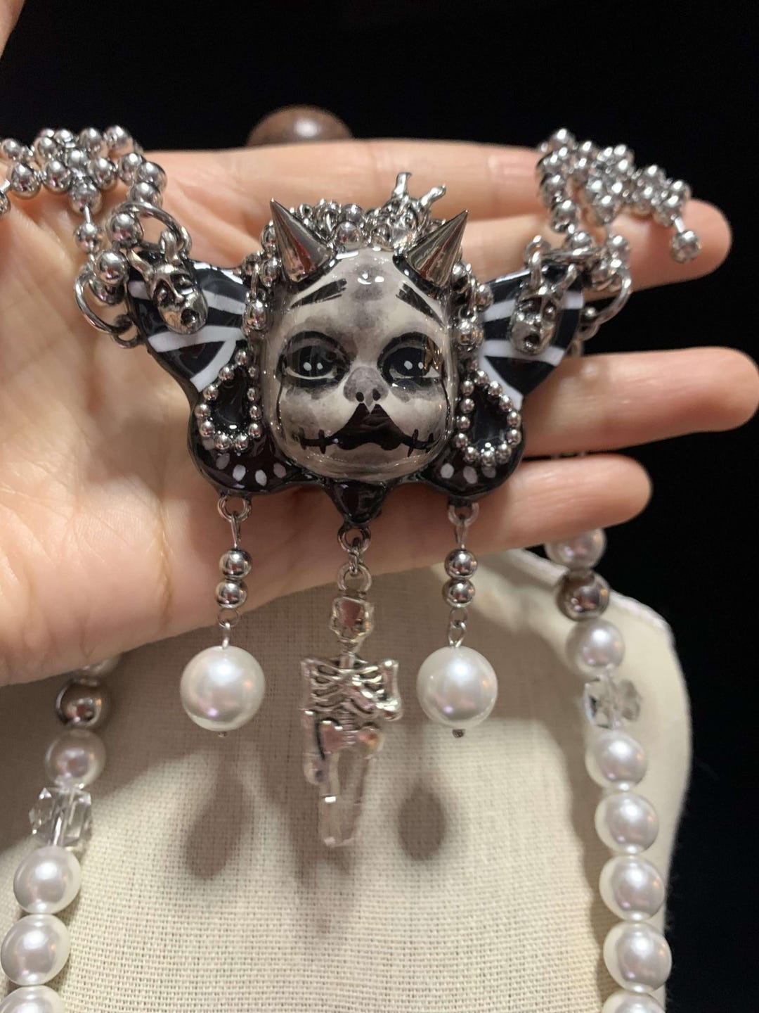 Handmade Spooky Gothic Necklace, Alternative Skeleton Charm Faux Pearl ...