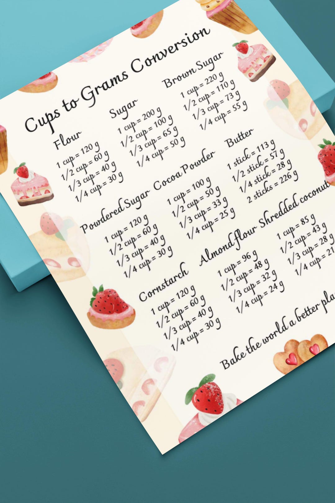 Baking Measurements Guide, Cups to Grams Conversion Chart Printable ...