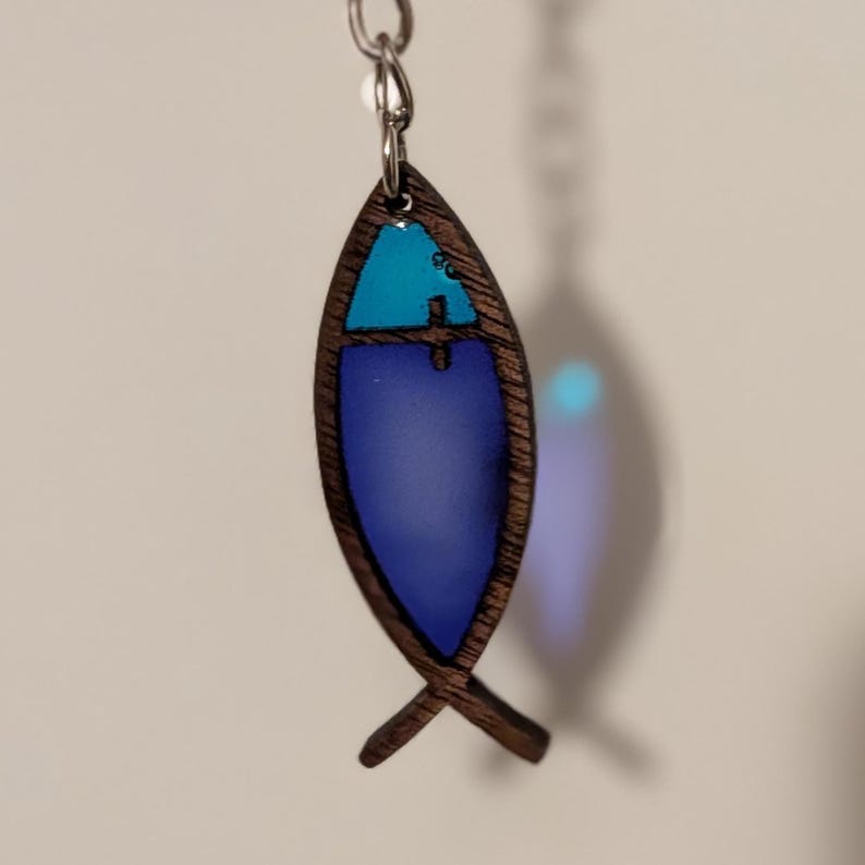 Christian Fish Keychain With Cross | Custom Resin Colors | Walnut Wood ...