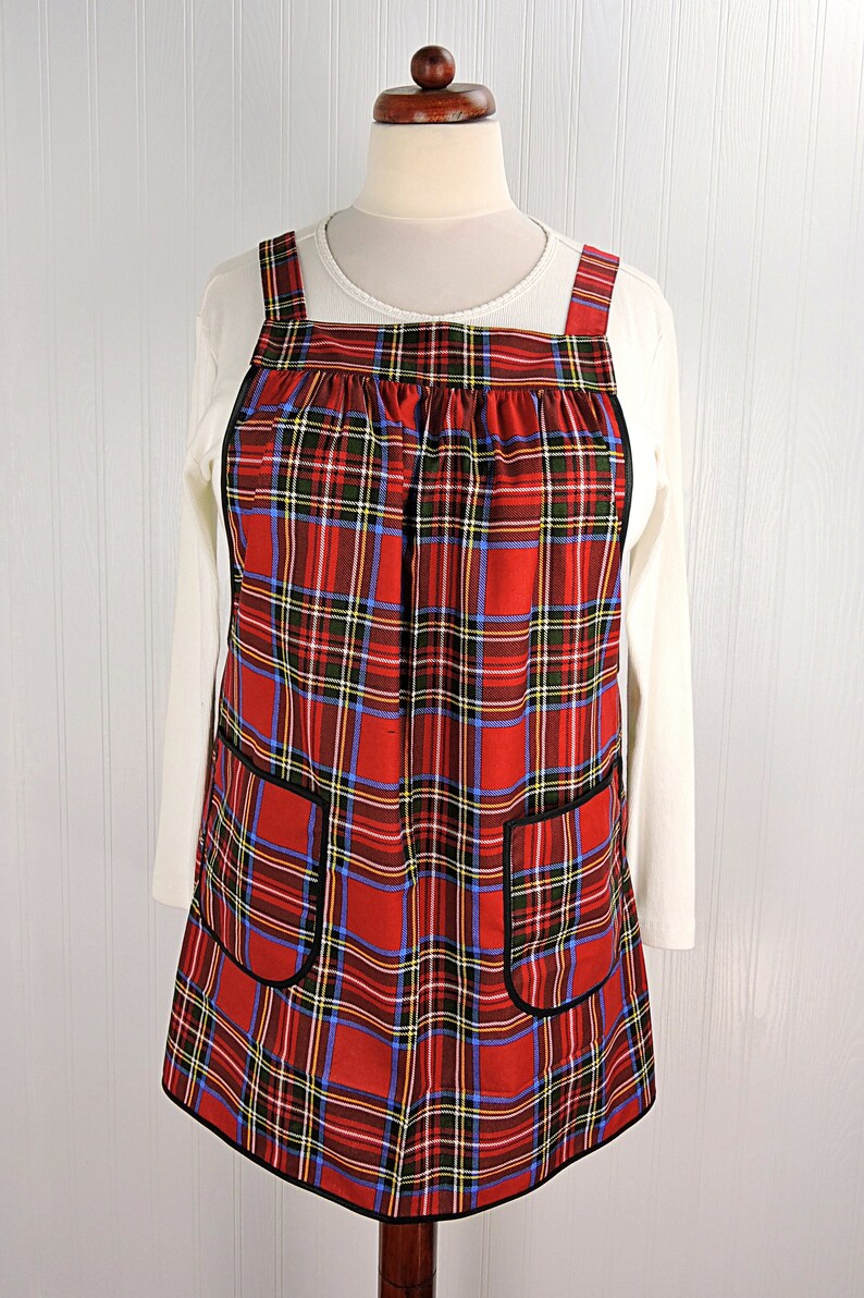 XS - 5X Christmas Plaid Pinafore With No Tie, Relaxed Fit Smock With ...