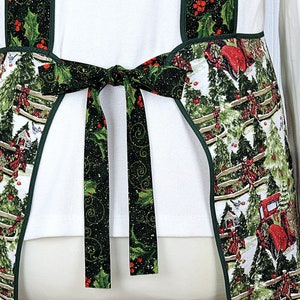 Retro 50s Christmas Smock, Pine Trees and Fences With Old Red Trucks ...