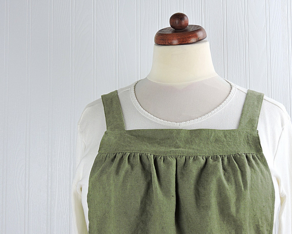 XS 5X Olive Green Washed Linen Pinafore Apron With No Ties - Etsy