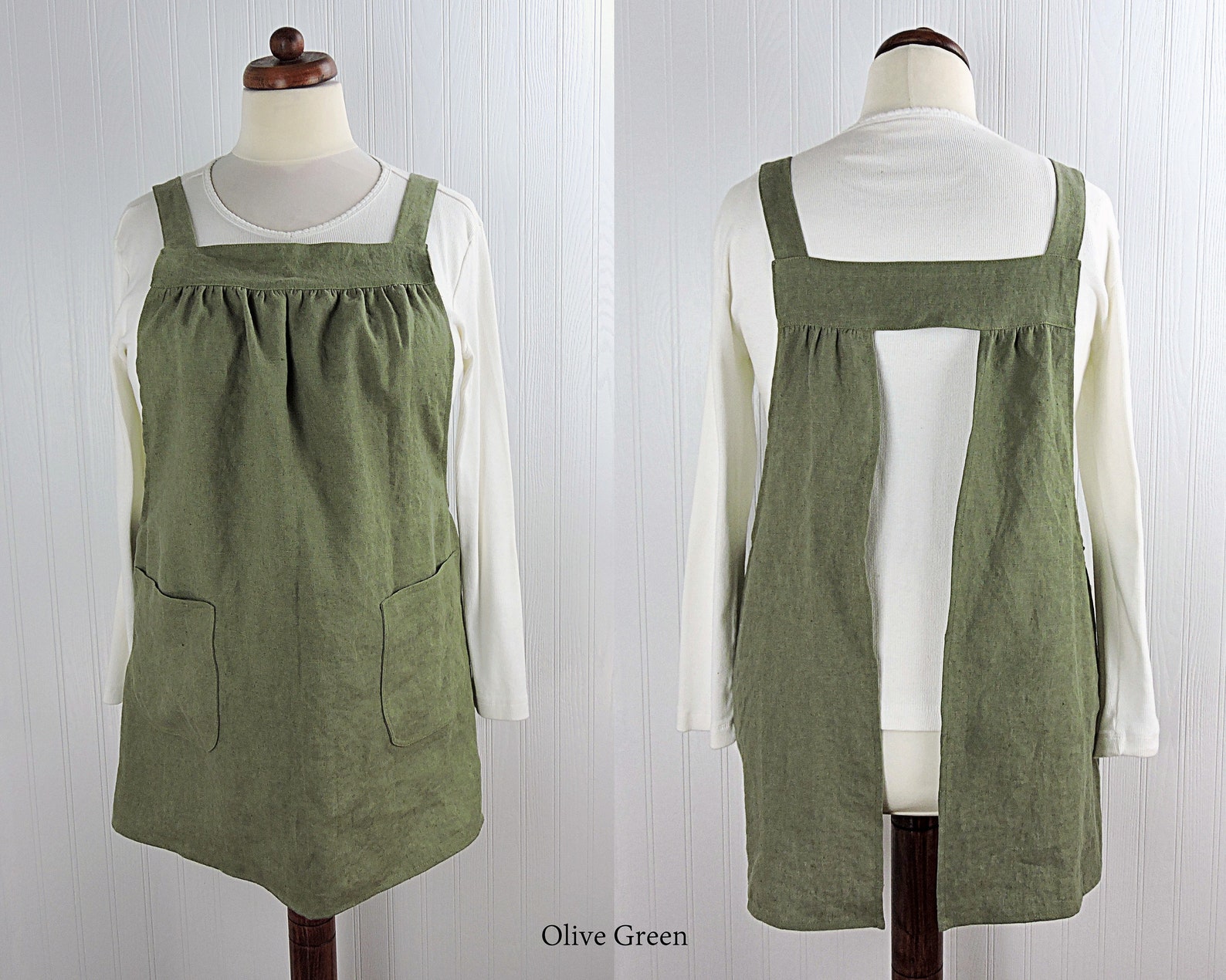 XS - 5X Olive Green Washed Linen Pinafore With No Tie (straps Go ...