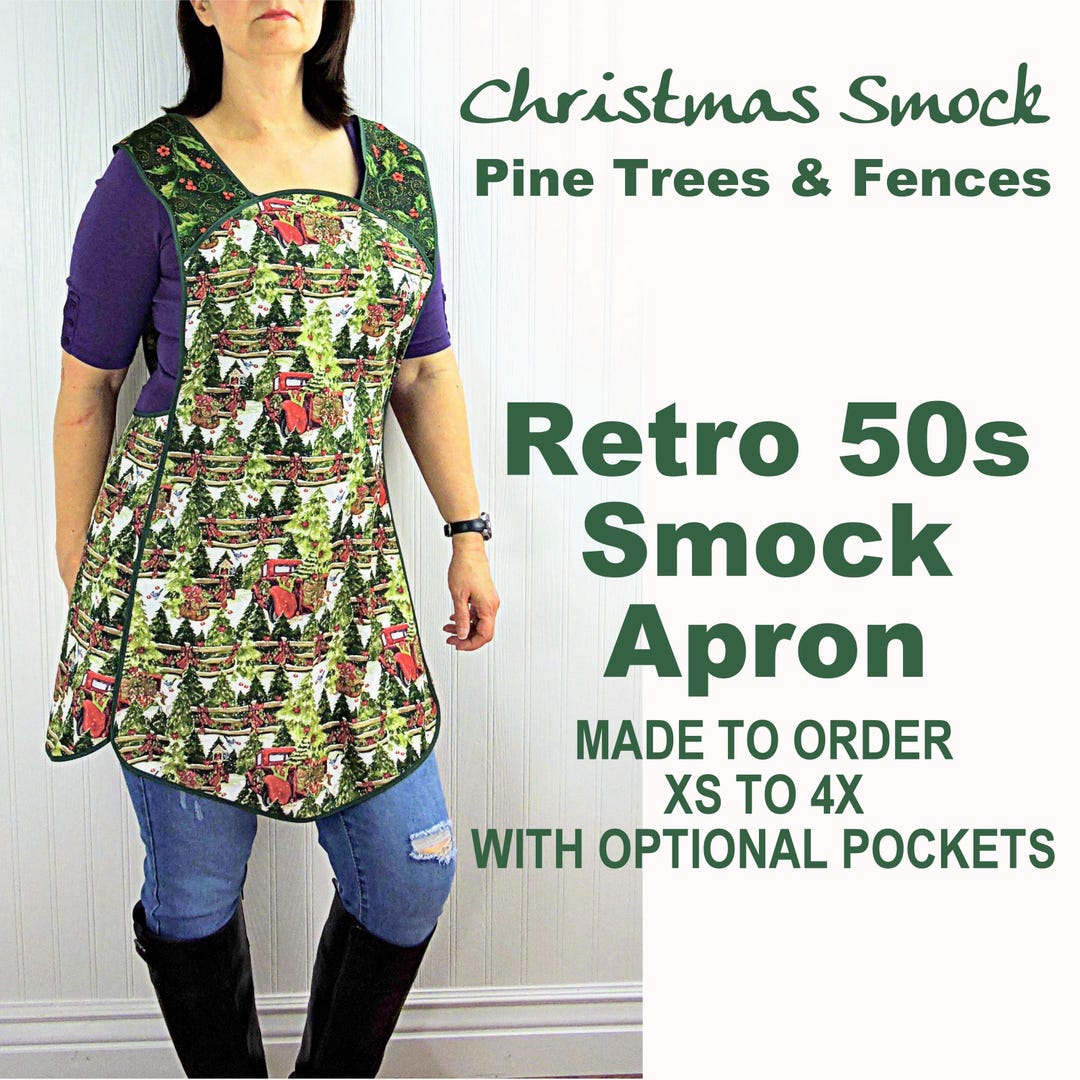 XS-4X Retro 50s Christmas Smock, Pine Trees and Fences With Old Red ...