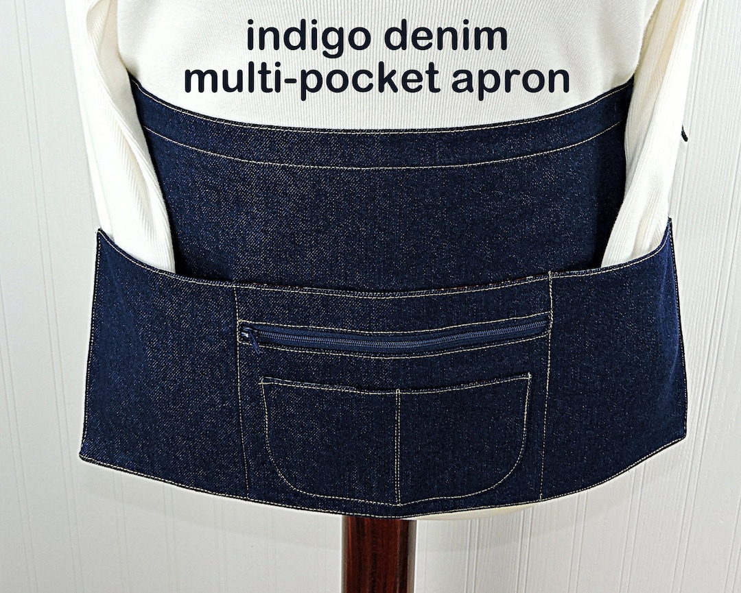 Indigo Denim Half Apron, Sturdy 6 Pocket Waitress Apron With Zipper ...