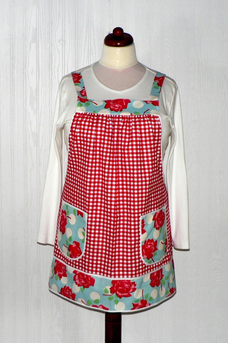 Red Gingham and Roses Pinafore With No Ties, Relaxed Fit Smock With ...