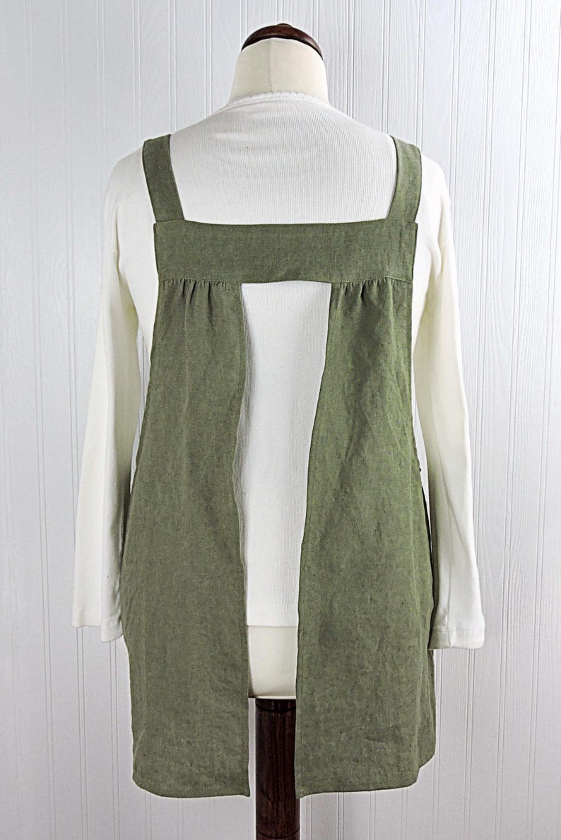 XS - 5X Olive Green Washed Linen Pinafore With No Tie (straps Go ...