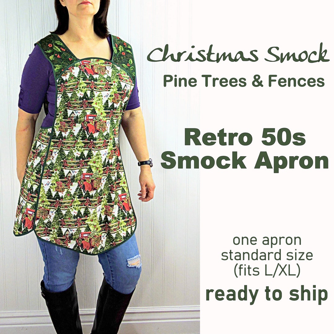 Retro 50s Christmas Smock, Pine Trees and Fences With Old Red Trucks ...