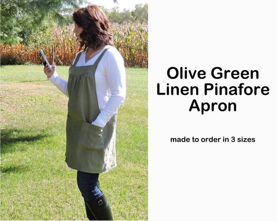 XS 5X Olive Green Washed Linen Pinafore Apron With No Ties - Etsy
