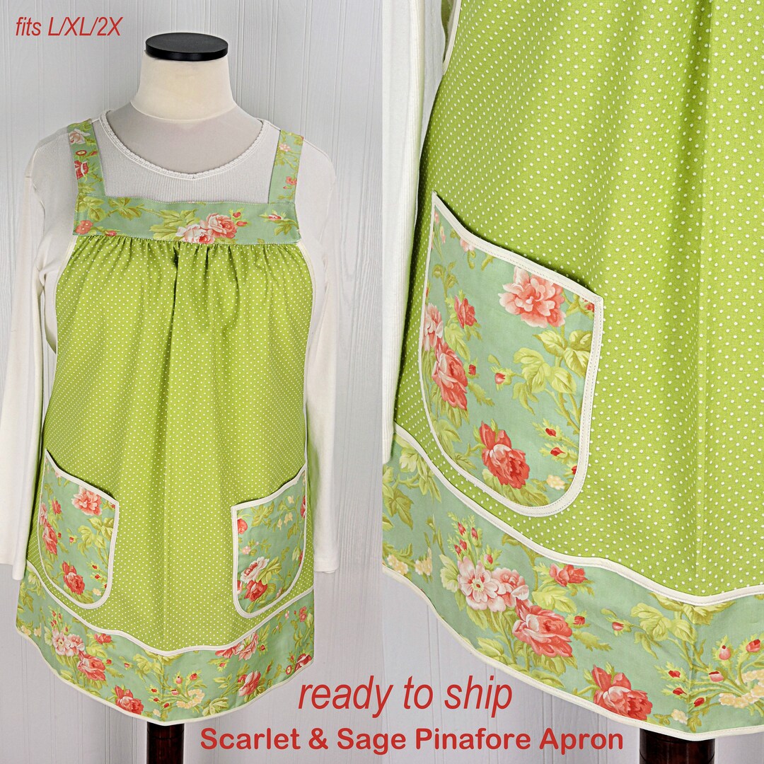 SHIPS FAST Scarlet & Sage Roses Pinafore Apron With No Ties, Relaxed ...