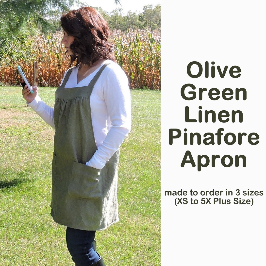 XS - 5X Olive Green Washed Linen Pinafore With No Tie (straps Go ...