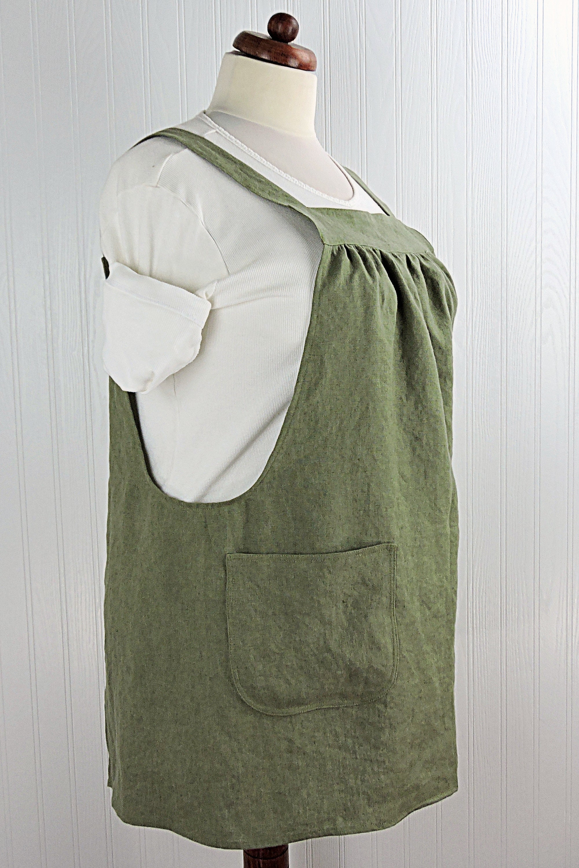 XS - 5X Olive Green Washed Linen Pinafore With No Tie (straps Go ...