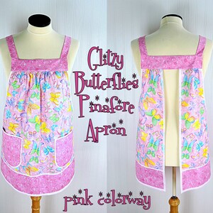 Pink Glitzy Butterflies Pinafore With No Ties, Relaxed Fit Smock Apron ...