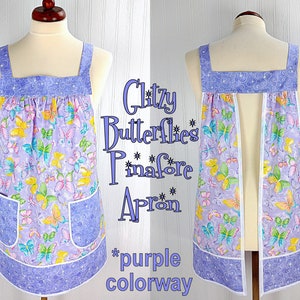Pink Glitzy Butterflies Pinafore With No Ties, Relaxed Fit Smock Apron ...