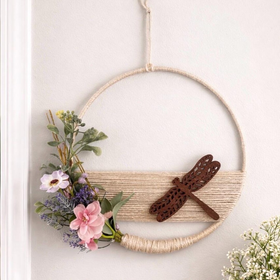 10 Inch Jute Hoop Wreath With Flowers & Dragonfly | Farmhouse Wall ...