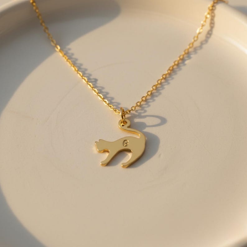 Custom Letter Cat Necklace, 14K Dainty Cat Letter Necklace, Silver Cat ...