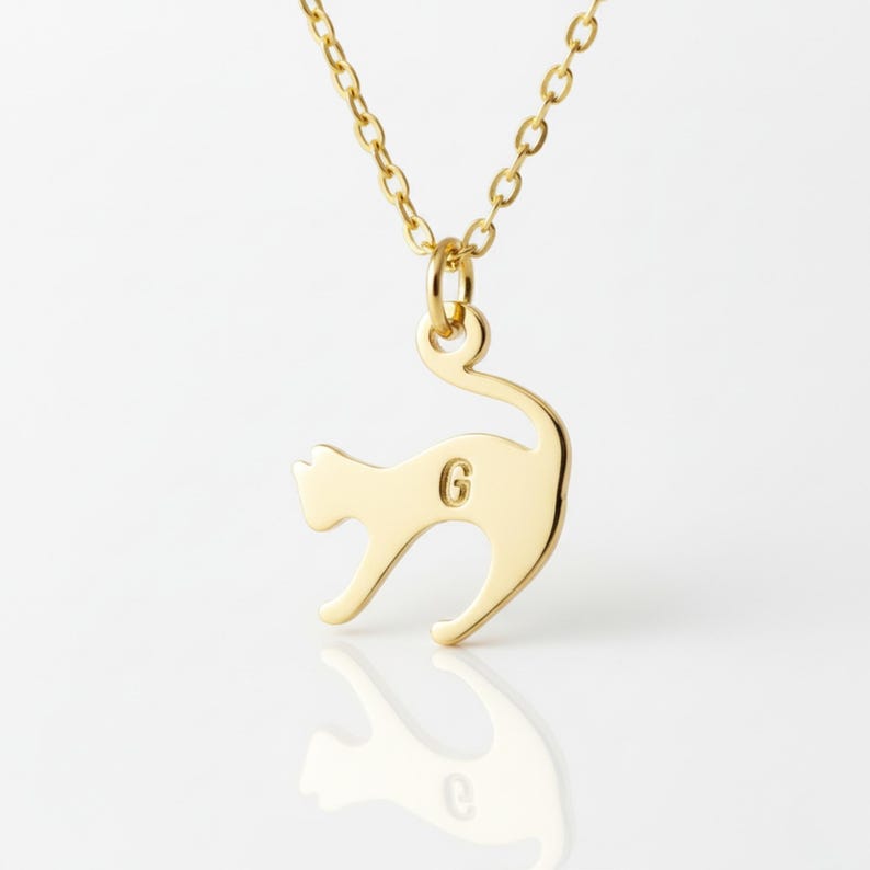Custom Letter Cat Necklace, 14K Dainty Cat Letter Necklace, Silver Cat ...
