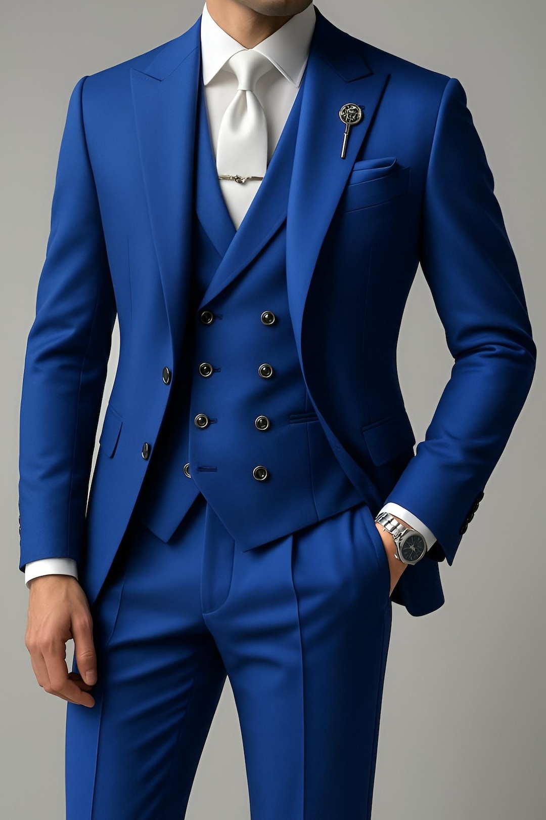 Men's Stylish Partywear Terry Rayon Fabric Royal Blue Color 3 Peice ...